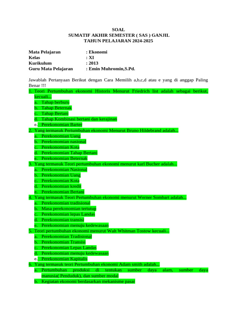 Soal Psas Ganjil TP 2024 - 2025 - Mapel Ekonomi Kelas Xii Ips | PDF