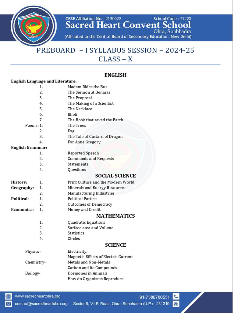 Preboard - I Syllabus Session - 2024-25 Class - X: English | PDF | Science