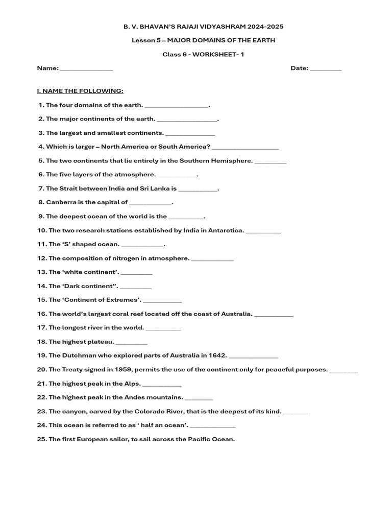 Worksheet Major Domains Class - 6 | PDF | Oceans | Continent