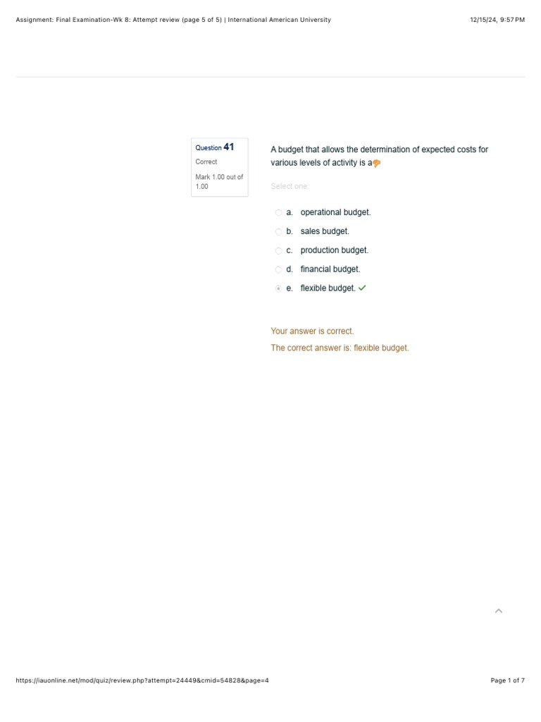 Assignment: Final Examination-Wk 8: Attempt review (page 5 of 5) | International American ...