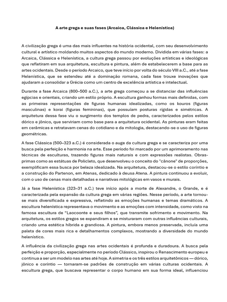 Arte Grega e Suas Fases (Arcaica, Clássica e Helenística) | PDF | Mundo ...
