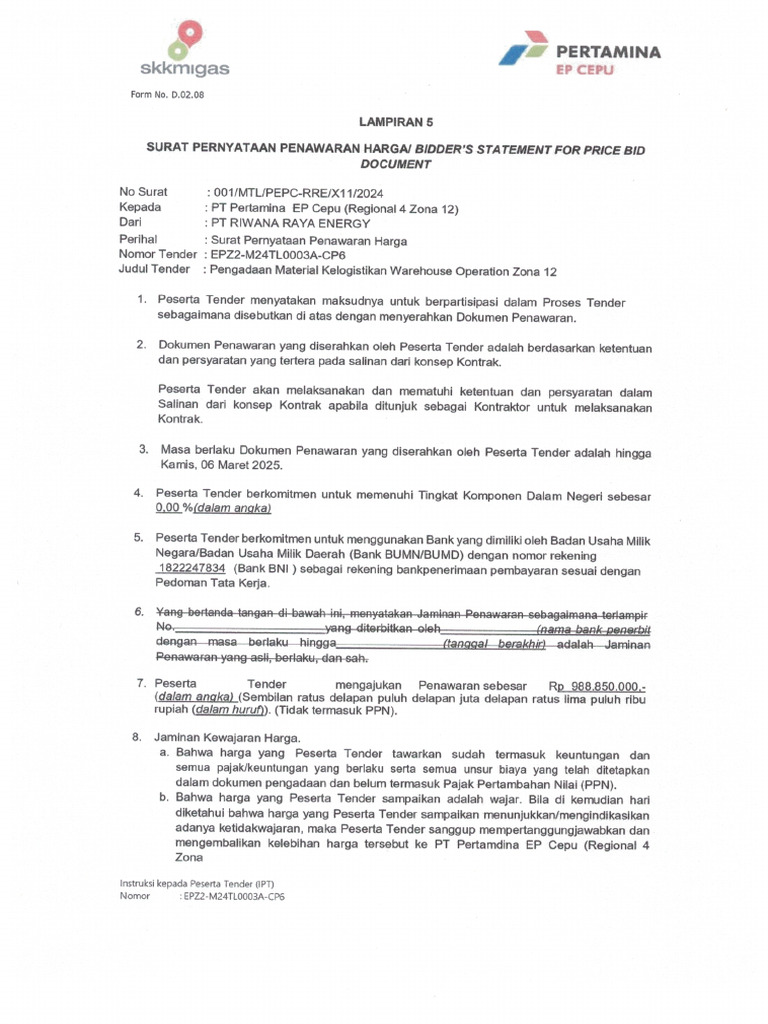 Lampiran 5 Surat Pernyataan Penawaran Harga | PDF