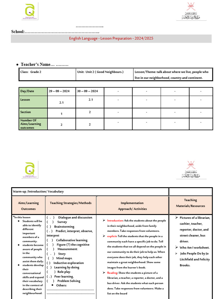 Grade Two 1st Semester 5th Week Lesson Plan | PDF | Learning | Teachers