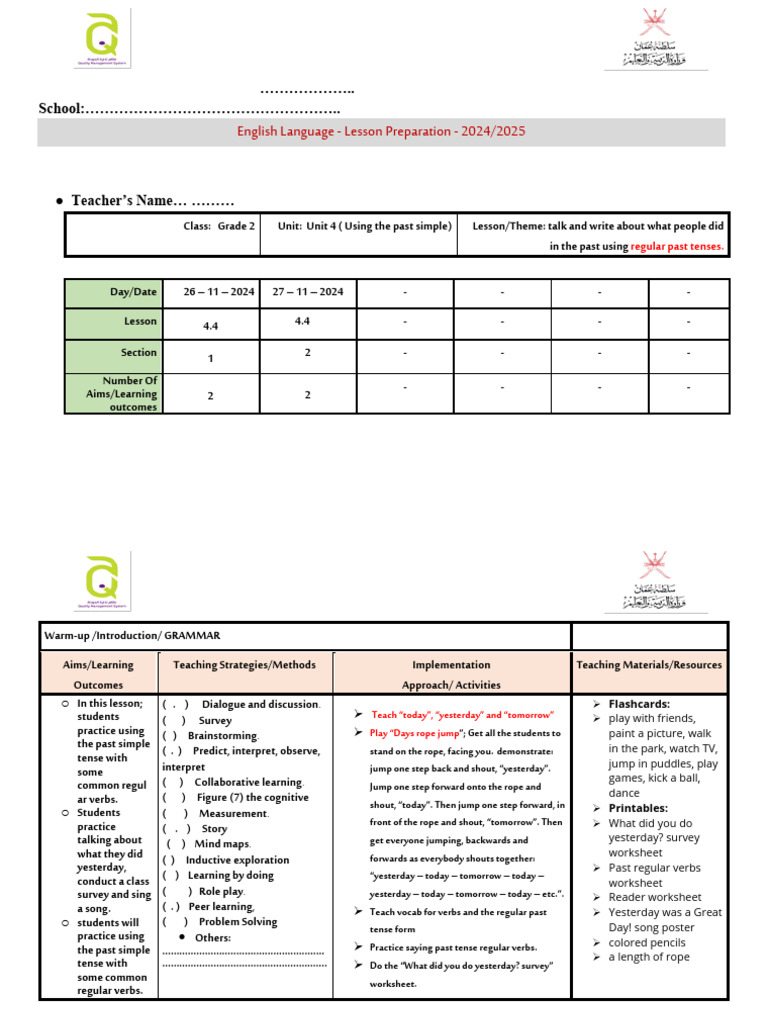 Grade Two 1st Semester 13th Week Lesson Plan | PDF | Education Theory ...