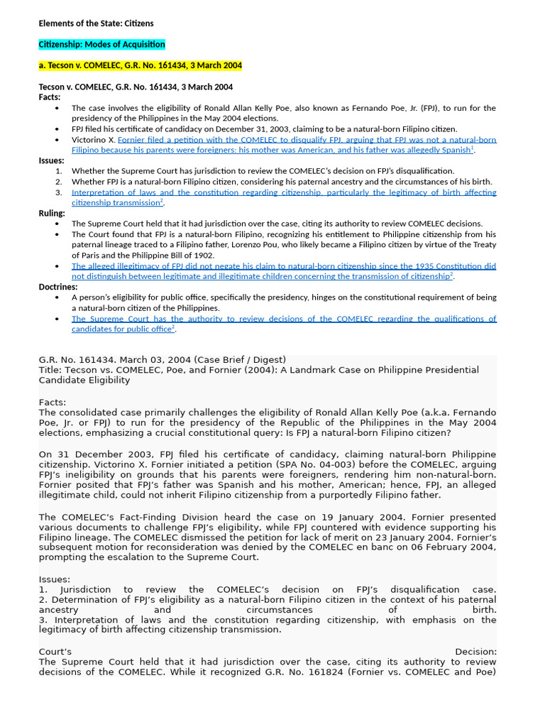 Consti - Elements of State - Digest 2 | PDF | Citizenship | Supreme ...