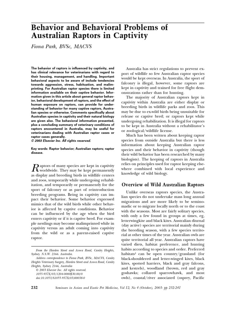 Behavior and Behavioral Problems of Australian Raptors in Captivity ...
