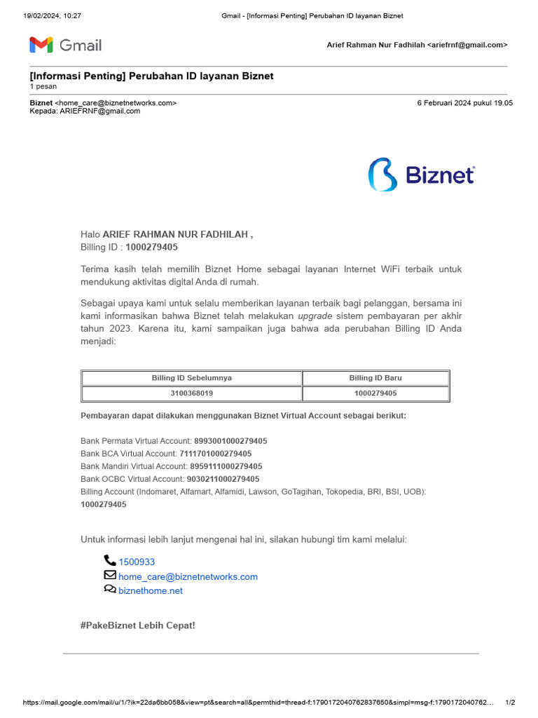Gmail - (Informasi Penting) Perubahan ID Layanan Biznet | PDF