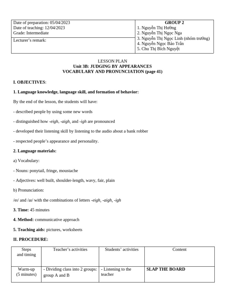 Intermediate English Lesson Plan: Unit 3B | PDF | Linguistics | Human ...