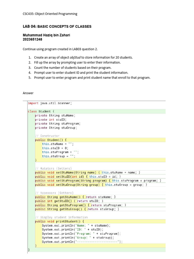 CSC435 Lab 04: Class Concepts | PDF