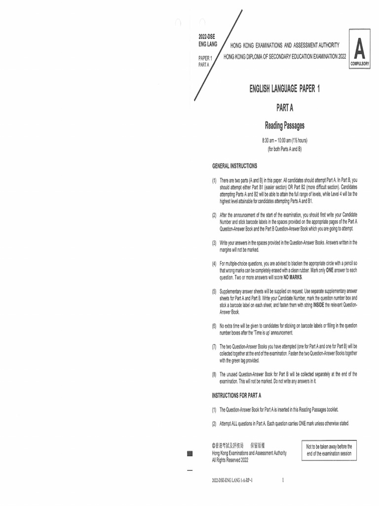Eng DSE 2022 Paper 1 Reading Passages Part A | PDF