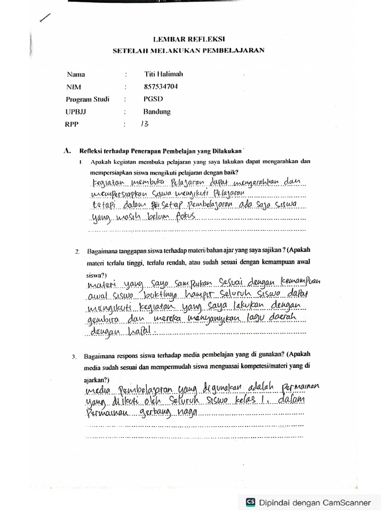 Lembar Refleksi RPP 13 | PDF