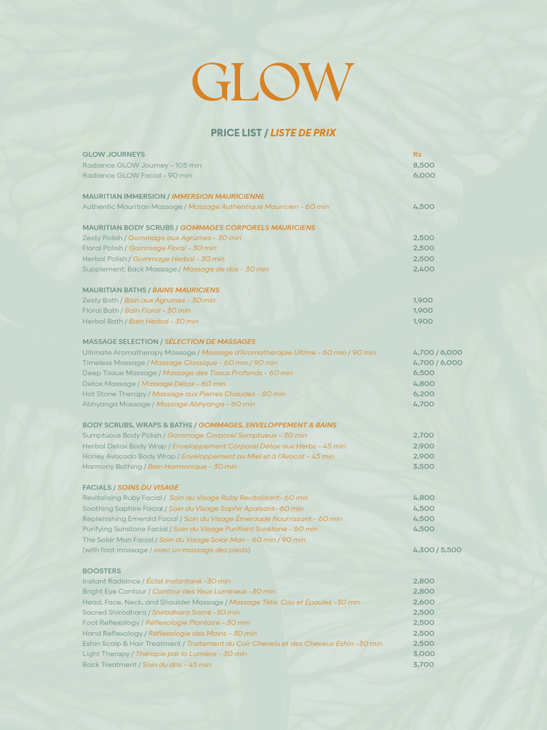 Liste de prix du spa Glow | PDF | Cheveux | Cheveux