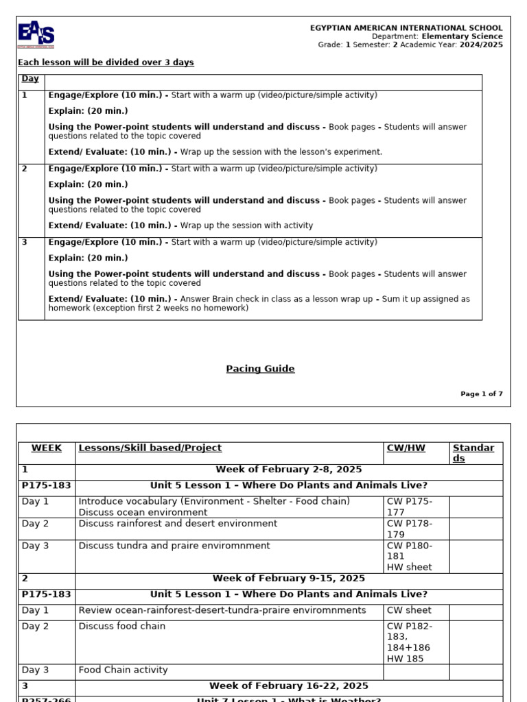 Science Semester 2 24 25 Pacing Guide PDF Applied And