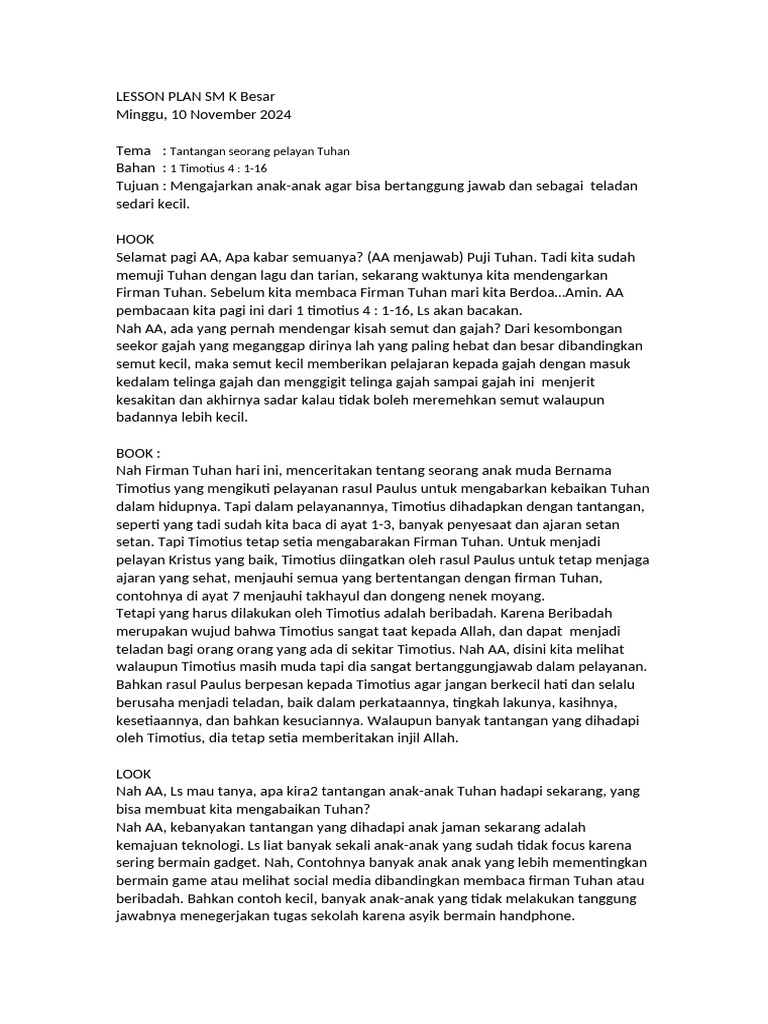 LESSON PLAN SM K Besar 1 Timotius 4 ayt 1-16 | PDF