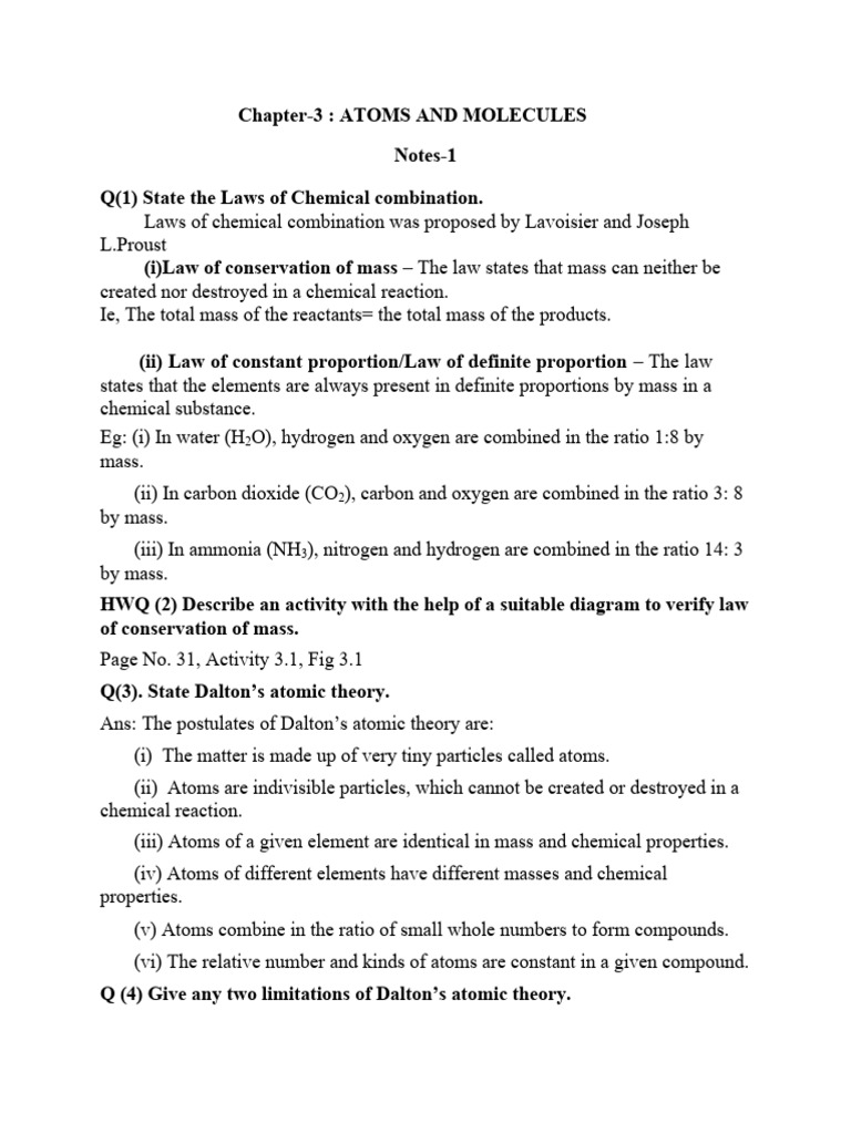 Atoms and Molecules, Notes 1 | PDF | Ion | Atoms