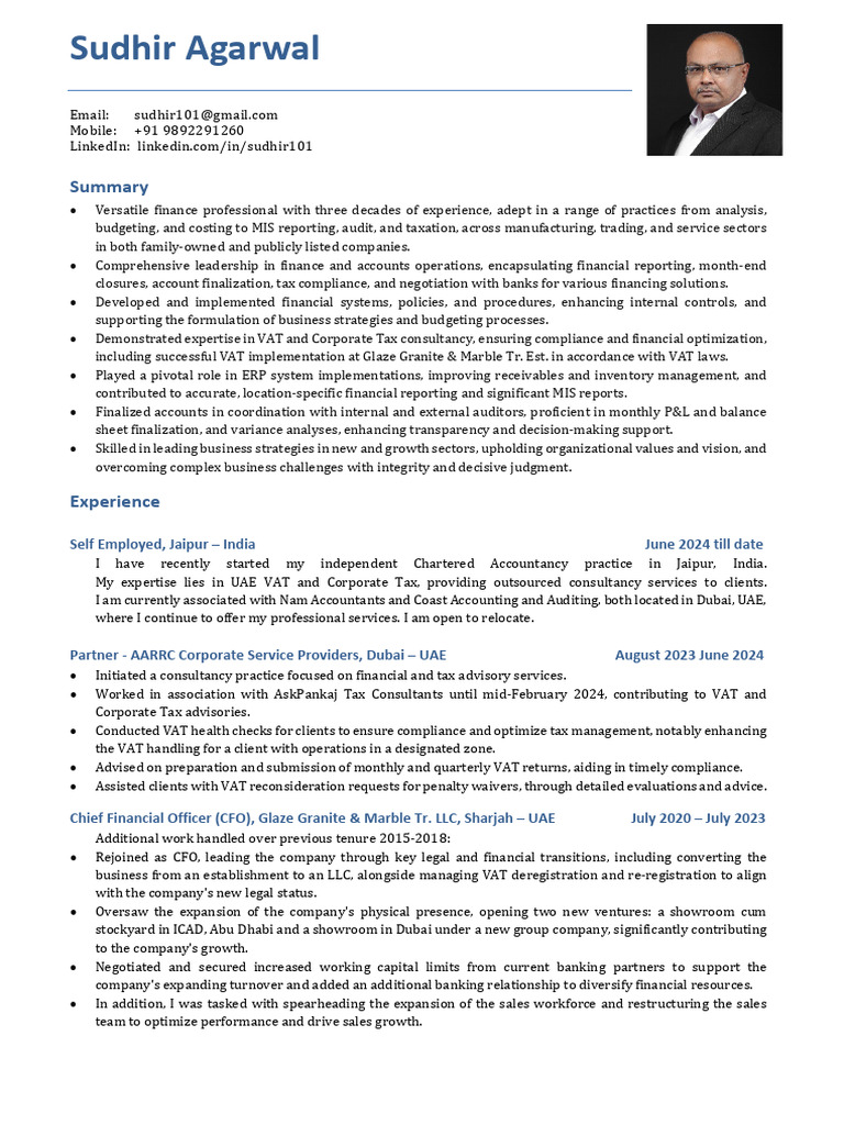 Resume Sudhir Agarwal-IN | PDF | Business | Business Economics