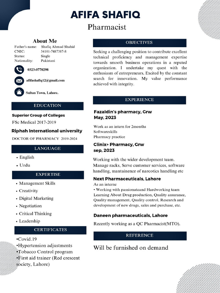 Afifa Shafiq Resume.1 | PDF | Pharmacy | Pharmacist