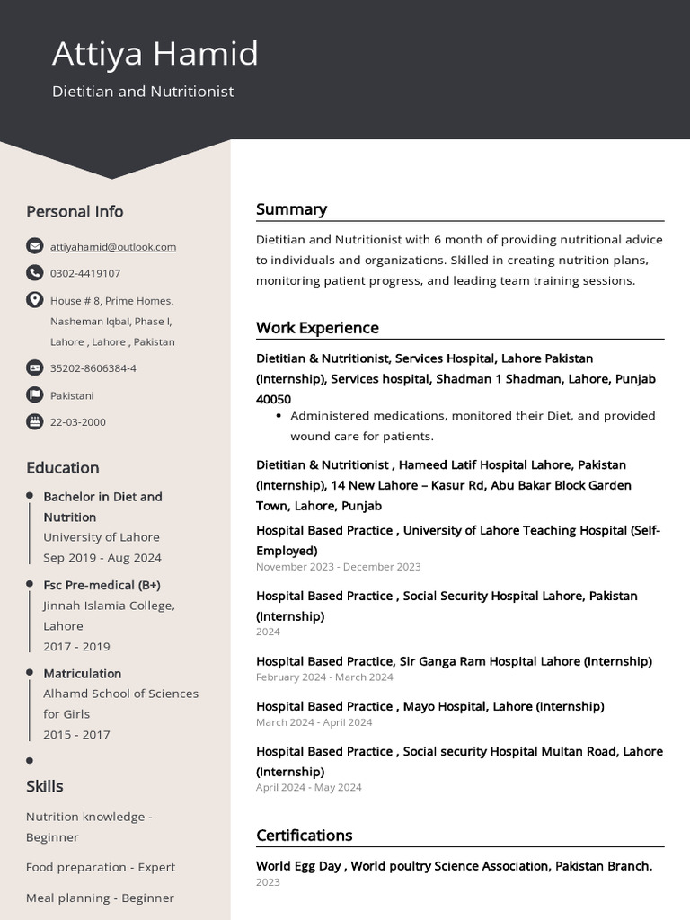 CV - Attiya Hamid (1) | PDF | Dietitian | Lahore