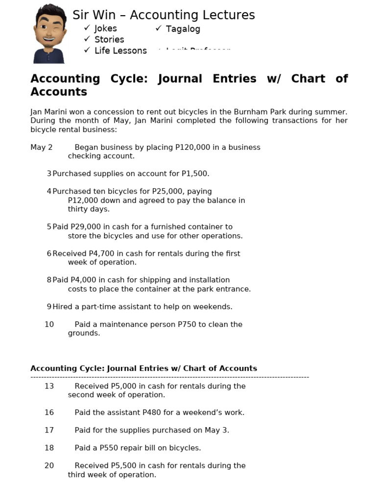 Accounting Cycle Journal Entries with Chart of Accounts | PDF | Expense ...