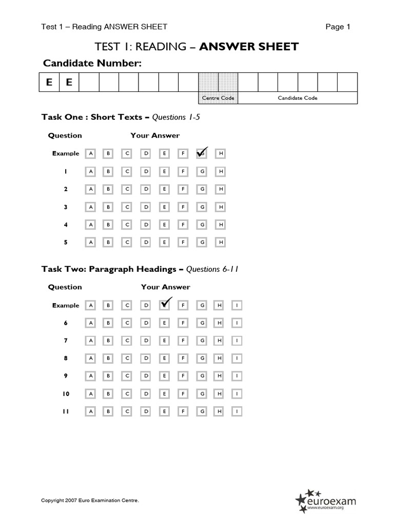 Test 1.2 Reading Answer Sheet | PDF