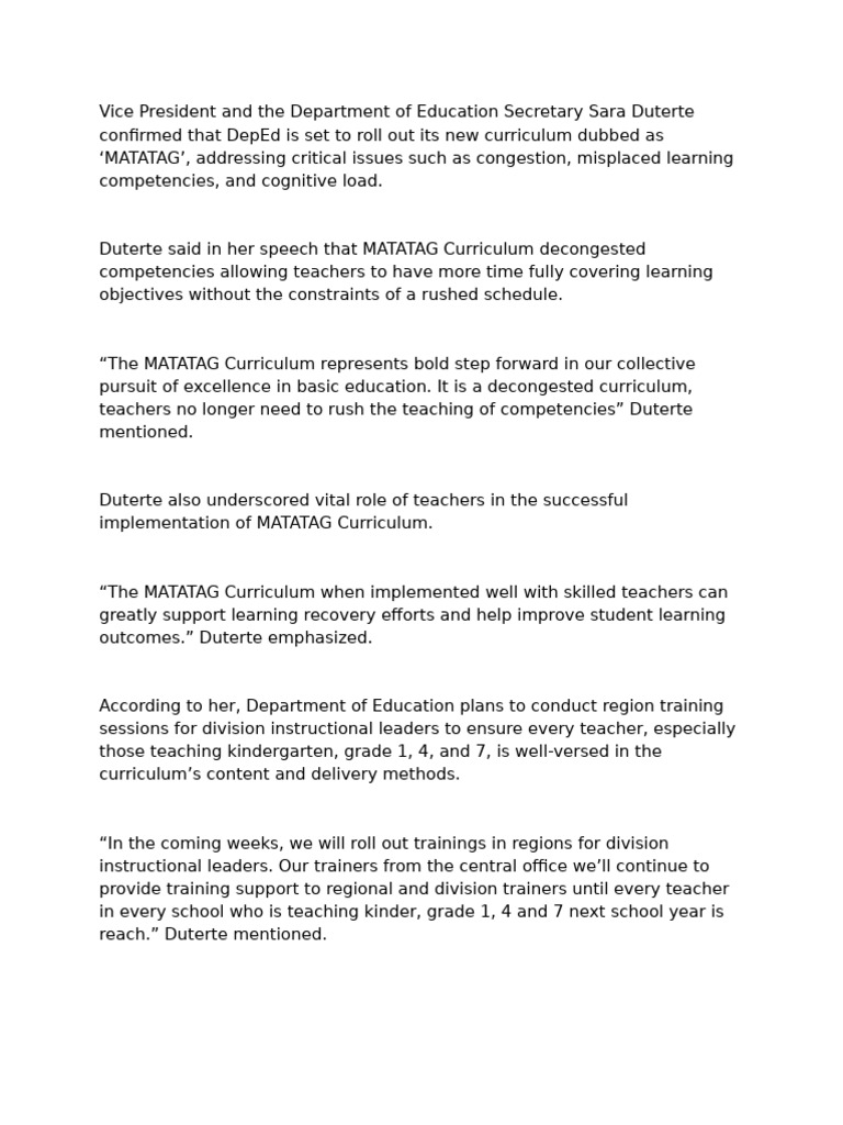 article 5 MATATAG Curriculum | PDF