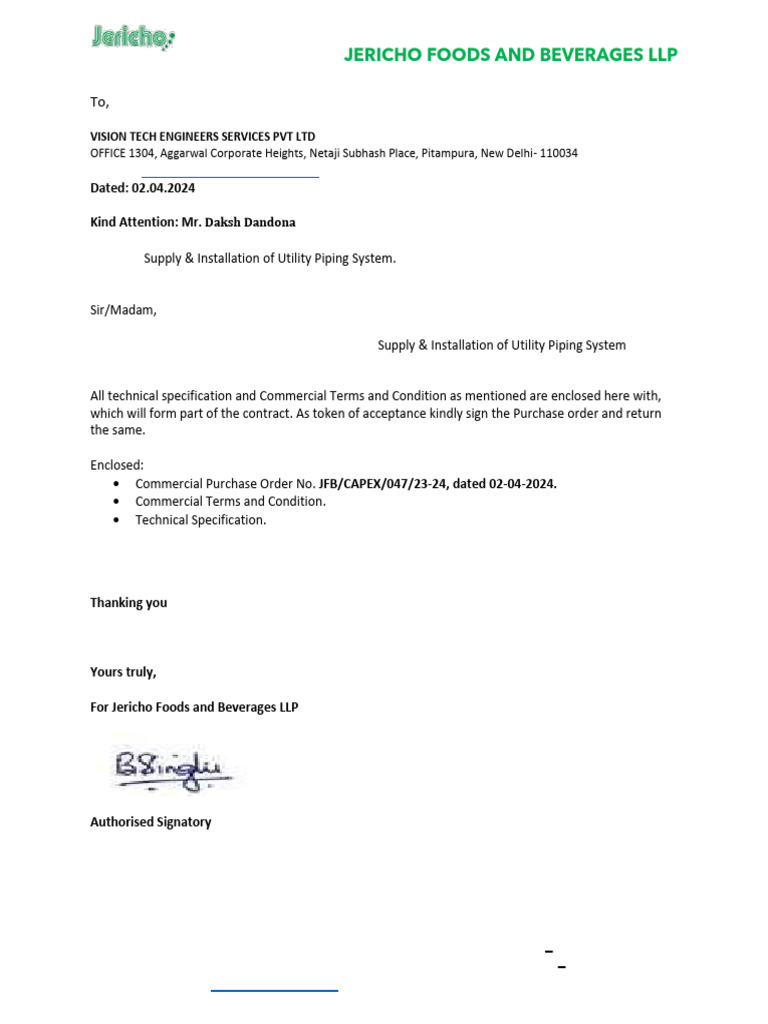 Po - Jfbcapex047 - Visiontek Engineers Services PVT LTD | PDF