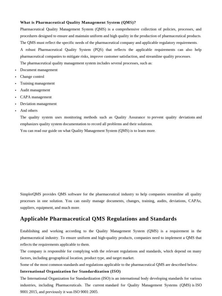 Pharmaceutical Quality Management System | PDF | Quality Management ...