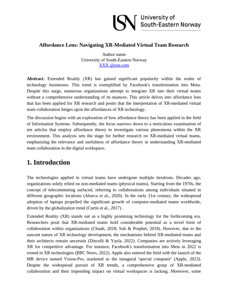 Draft_Affordance Lens Navigating XR-Mediated Virtual Team Research | PDF | Augmented Reality ...