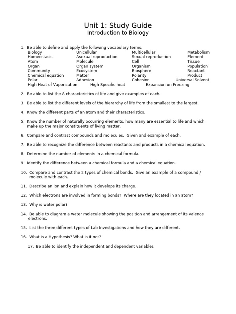 Biology Unit 1 Part 1 Study Guide | PDF