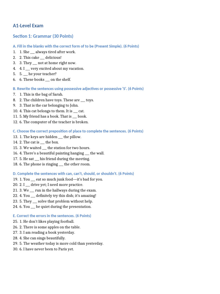 A1-Level English Exam Practice Guide | PDF