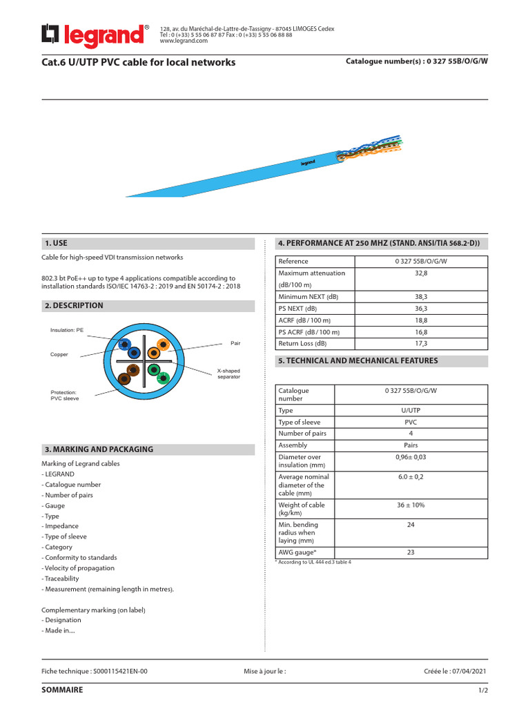Cat.6 U/UTP PVC Cable Specifications | PDF | Electrical Engineering ...