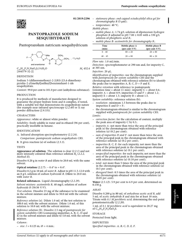 Pantoprazole Sodium Sesquihydrate EP 9.6 | PDF | Solubility | Chromatography