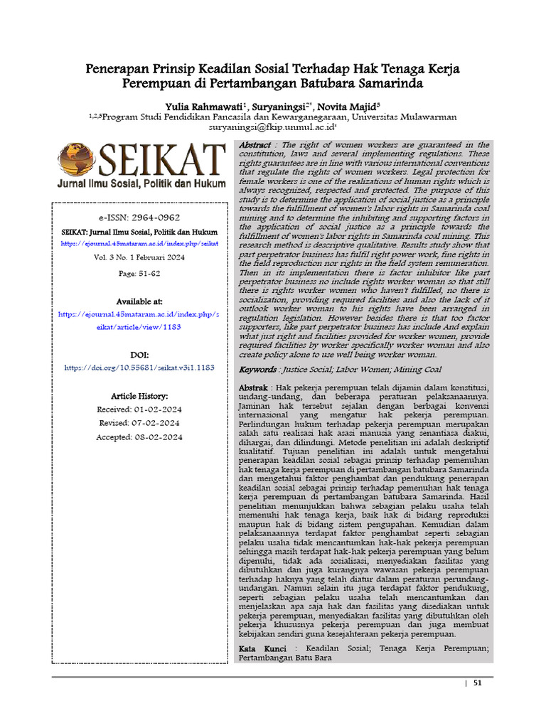 Penerapan Prinsip Keadilan Sosial Terhadap Hak Tenaga Kerja Perempuan Di Pertambangan Batubara ...