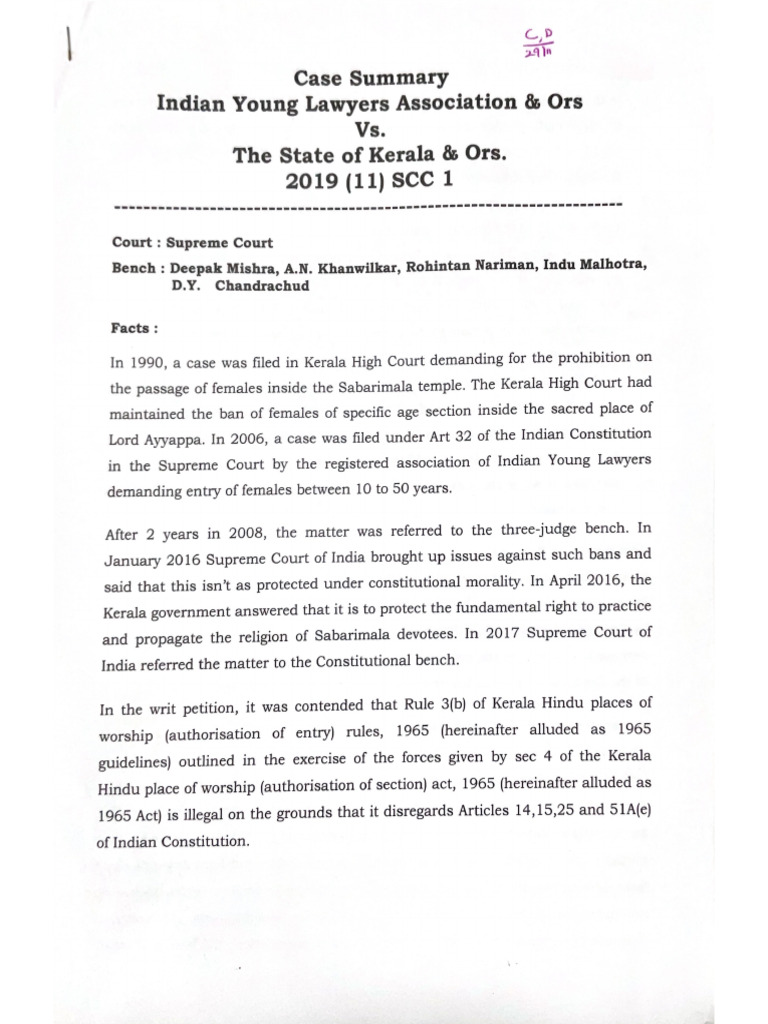 Case Summary IndianYoung Lawyers Association &ors vs. The State Ofkerala &ors. | PDF | Supreme ...