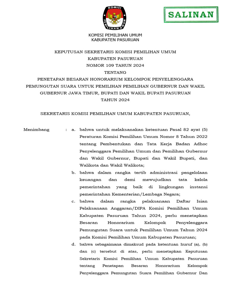 Sk No 109 Honorarium Kpps Pilkada Tahun 2024 | PDF