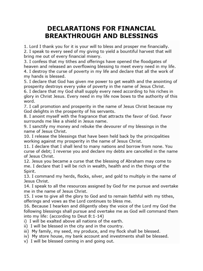 Declarations For Financial Breakthrough and Blessings | PDF | Jesus ...