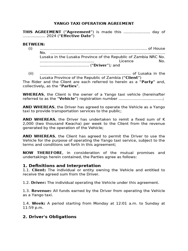 Yango Taxi Driver-Owner Agreement | PDF | Private Law | Common Law