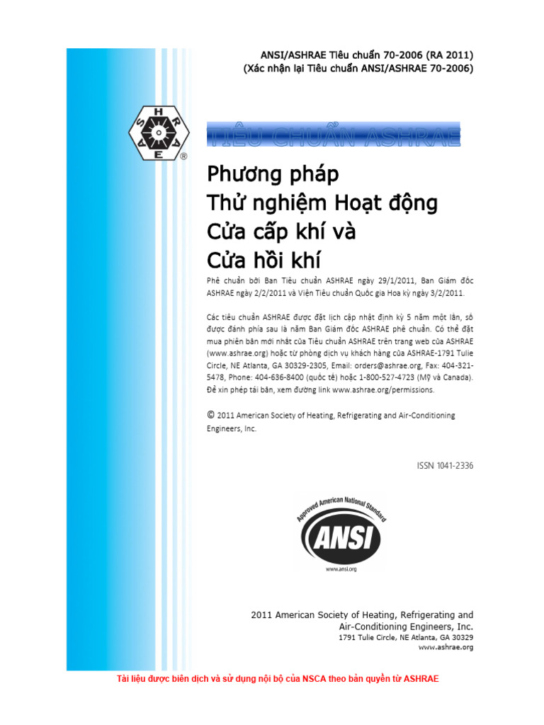 ASHRAE 70 2006 - Tiêu Chuẩn Thử Nghiệm Cửa Gió - Tiếng Việt | PDF