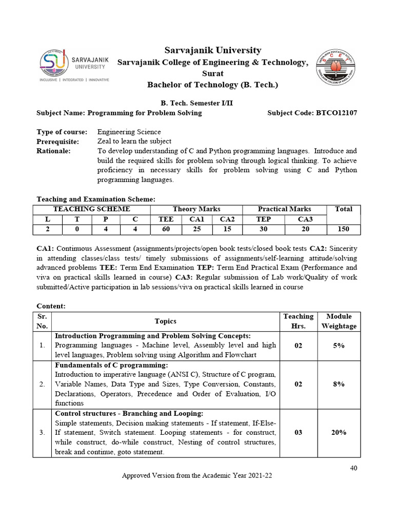 B. Tech Programming for Problem Solving | PDF | Control Flow | Pointer ...