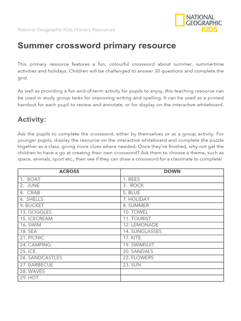 Summer Crossword Primary Resource Stimulus Sheet | PDF