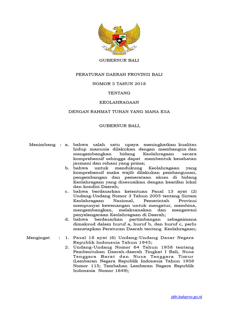 Perda Provinsi Bali No. 5 Tahun 2018 Ttg Keolahragaan | PDF