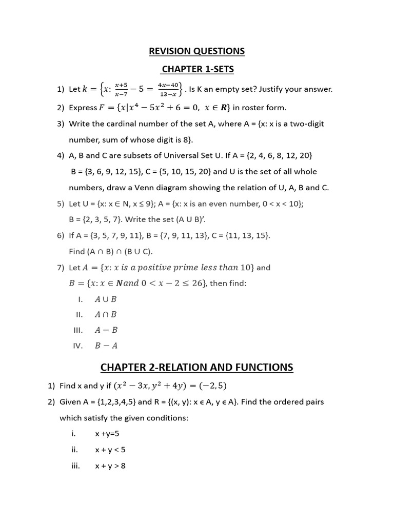 Math Revision Questions: Sets, Functions, Trigonometry | PDF ...