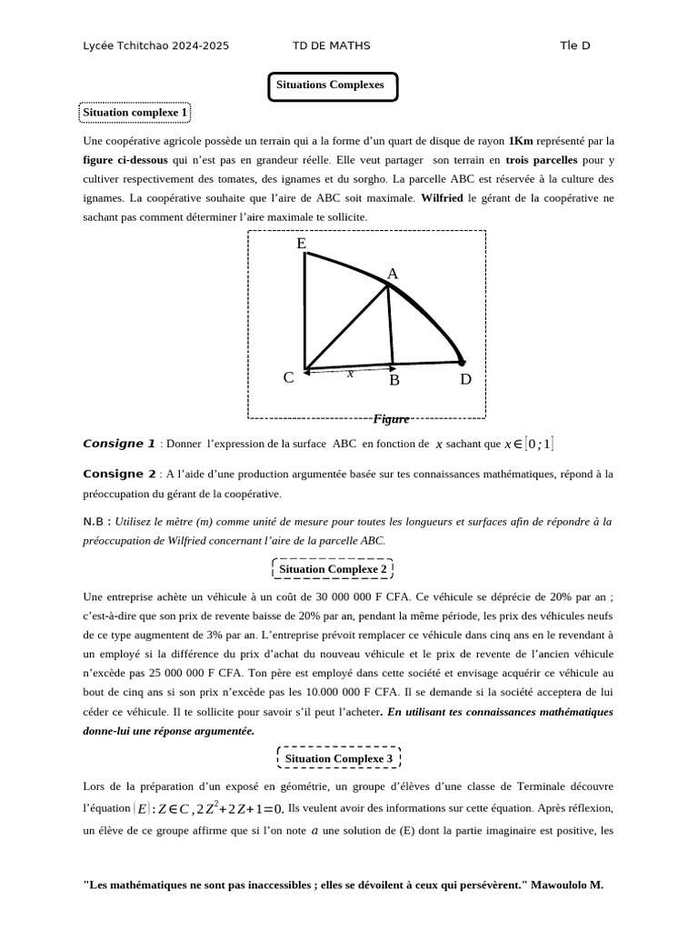 TD de Maths Tle D : Situations Complexes 2024-2025 | PDF | Nombre ...