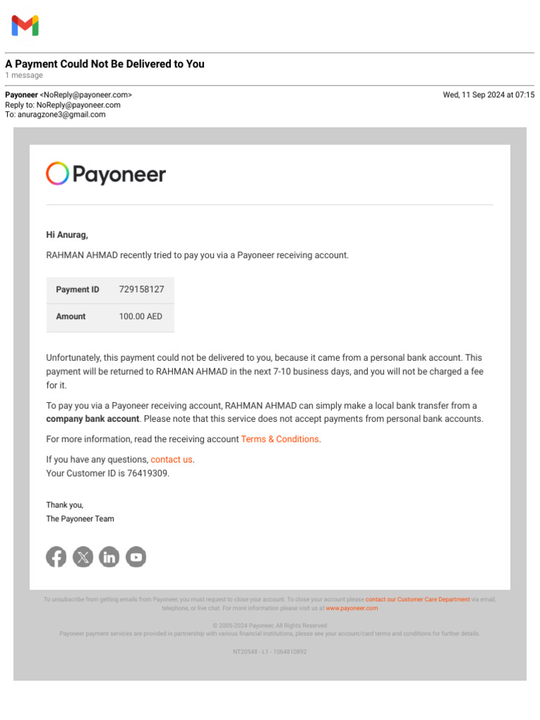 Gmail - A Payment Could Not Be Delivered To You | PDF