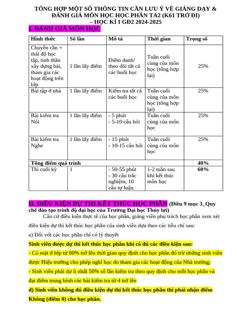 TỔNG HỢP MỘT SỐ LƯU Ý TA2 - GĐ2 - HK1 2024-2025. | PDF