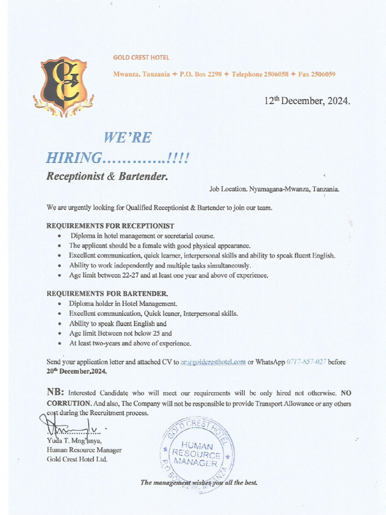 Job Vacancy For Receptionist and Bartender | PDF