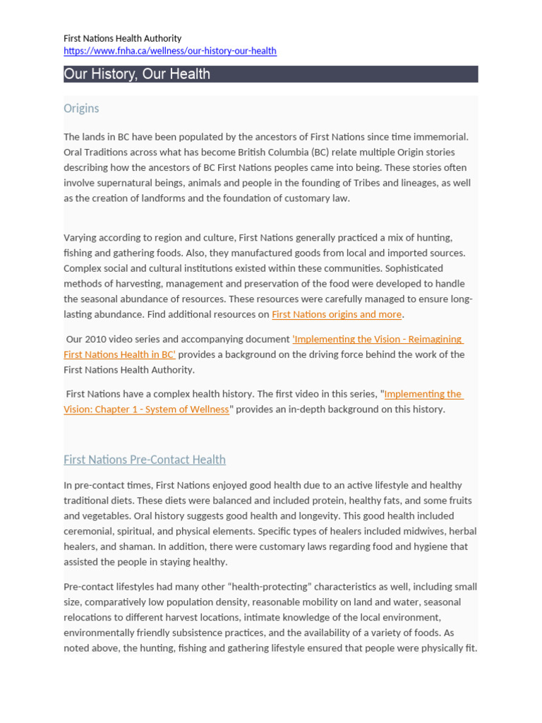 HCR Cultural Unit Stud # 5 Reading - First Nations Health - Historical ...