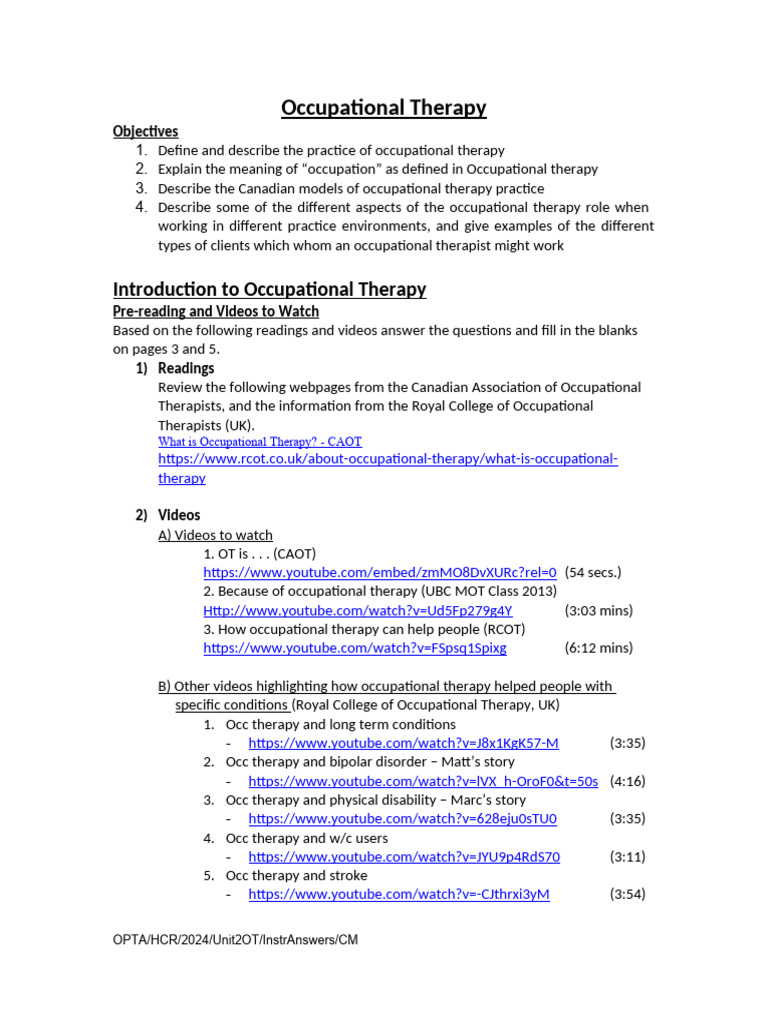 HCR 2024 Unit 2 - OT Student Handout - Tagged | PDF | Occupational ...