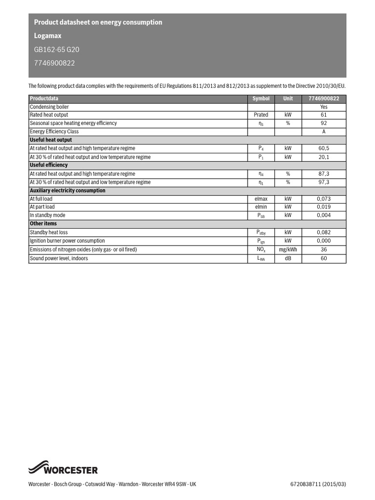 Worcester GB162 65kW Natural Gas ErP Datasheet | PDF | Efficient Energy Use | Physical Quantities