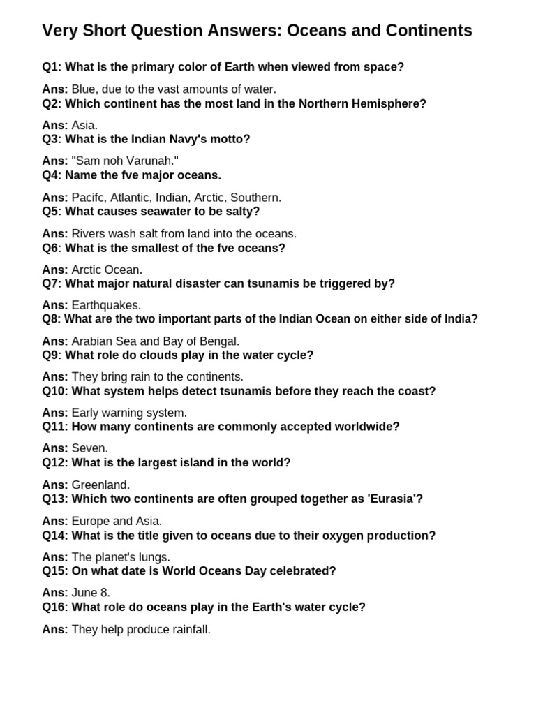 CH - 2 Very Short Question Answers - Oceans and Continents | PDF